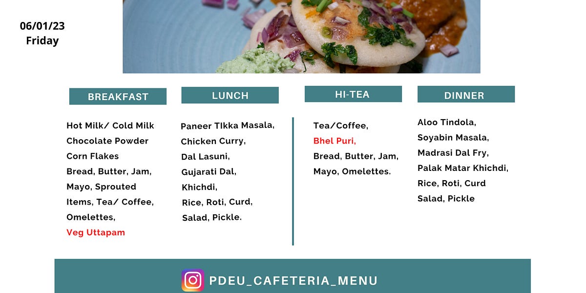 PDEU Cafeteria Menu - 06/01/2023