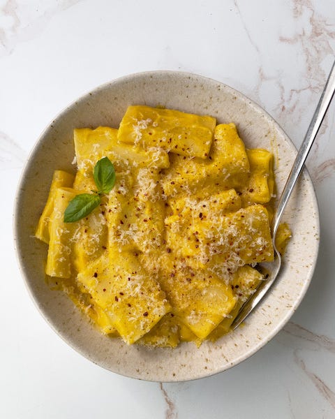 Pasta with Creamy Squash Miso Sauce - by Carina Wolff