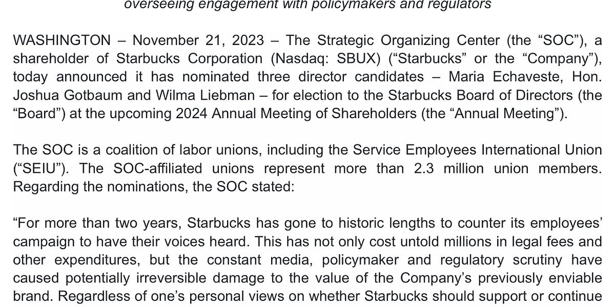 The Starbucks Proxy - Mr. CorpGov Substack