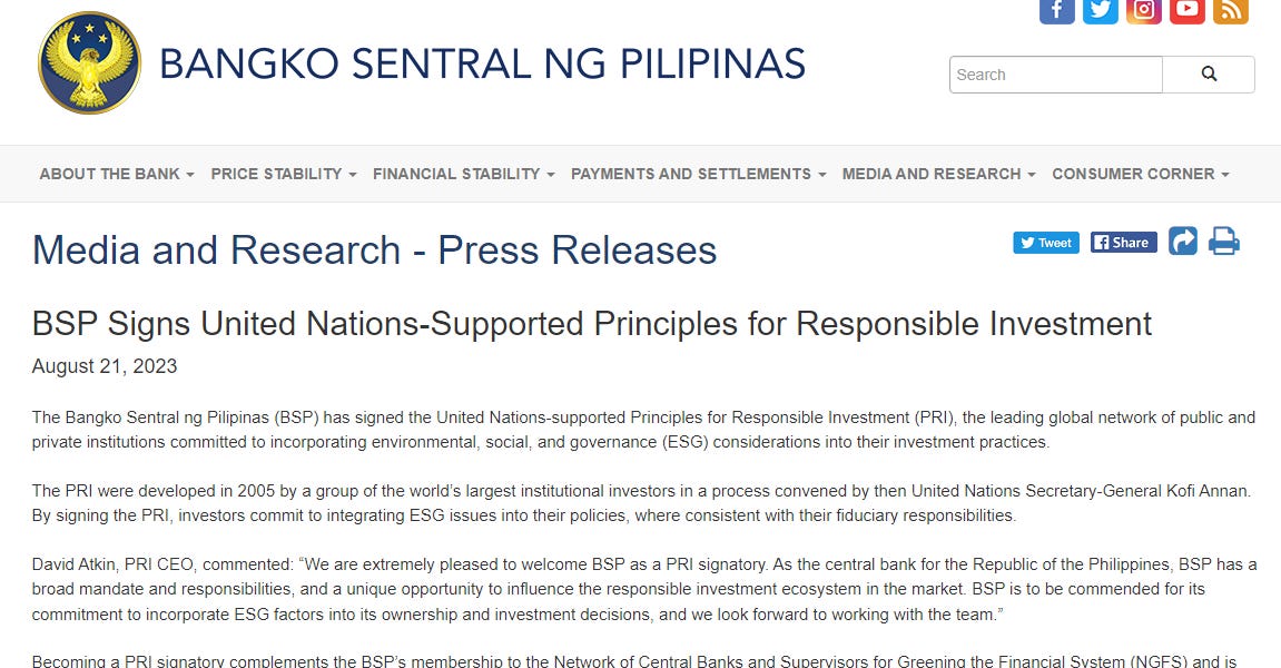 Banko Sentral Pilipinas (BSP) Signs up to the UN's supported Principles ...