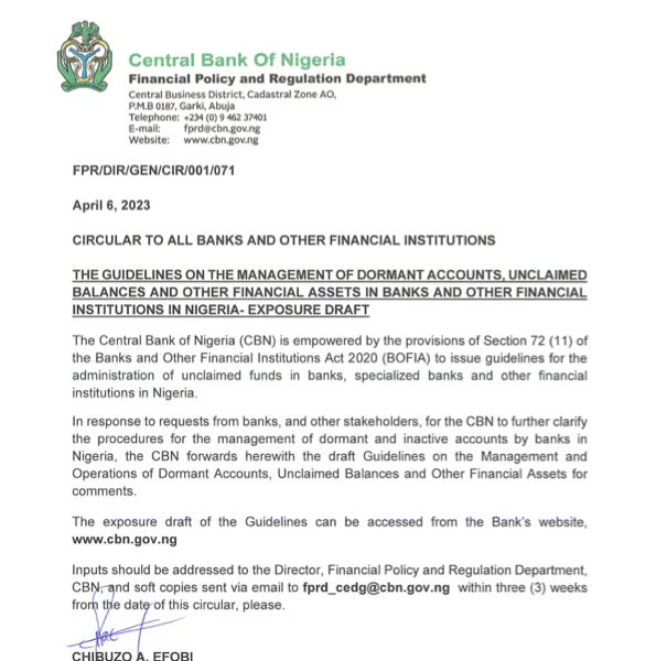 Alert: Central Bank of Nigeria Circular FPR/DIR/PUB/CIR/001/071