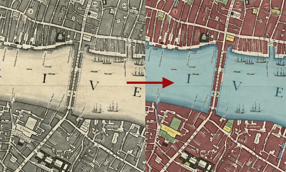 Colourised: 1746 Map of London Bridge and Surrounding Areas