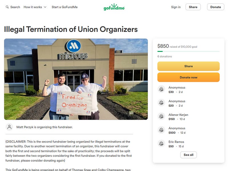GoFundMe for Fired Union Organizers