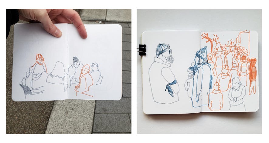 How did I overcome my fear of drawing people in the street?