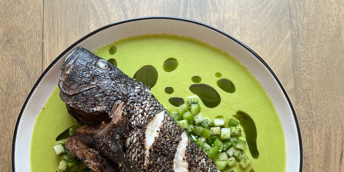 broiled fish with poblano sauce and tomatillos