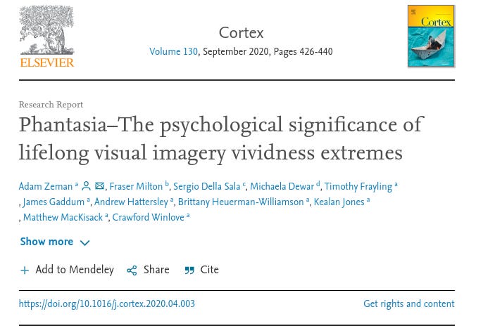 Paper: "The psychological significance of lifelong visual imagery ...