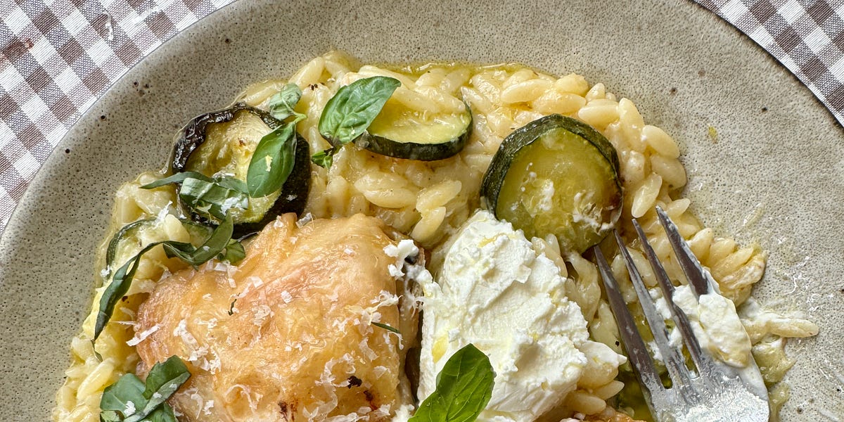 Slow cooked courgettes with easy parmesan orzo, crispy chicken and ricotta