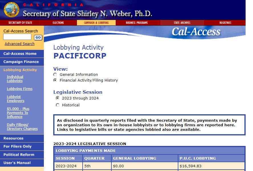 'Filing Error' (cough) in PacifiCorp's Most Recent California Lobbying ...