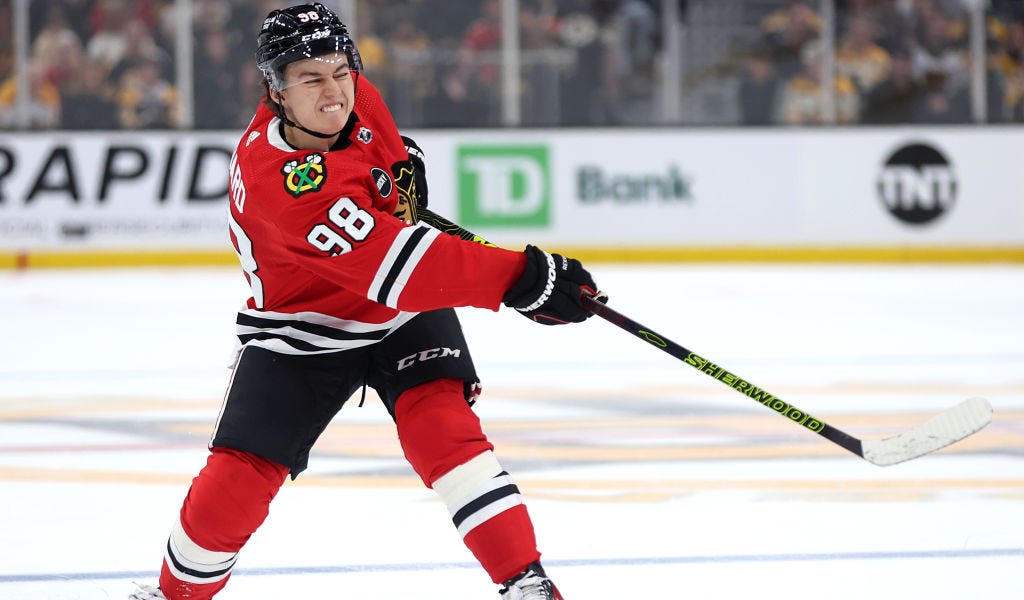 Blackhawks rookie Connor Bedard scores first NHL goal against the ...