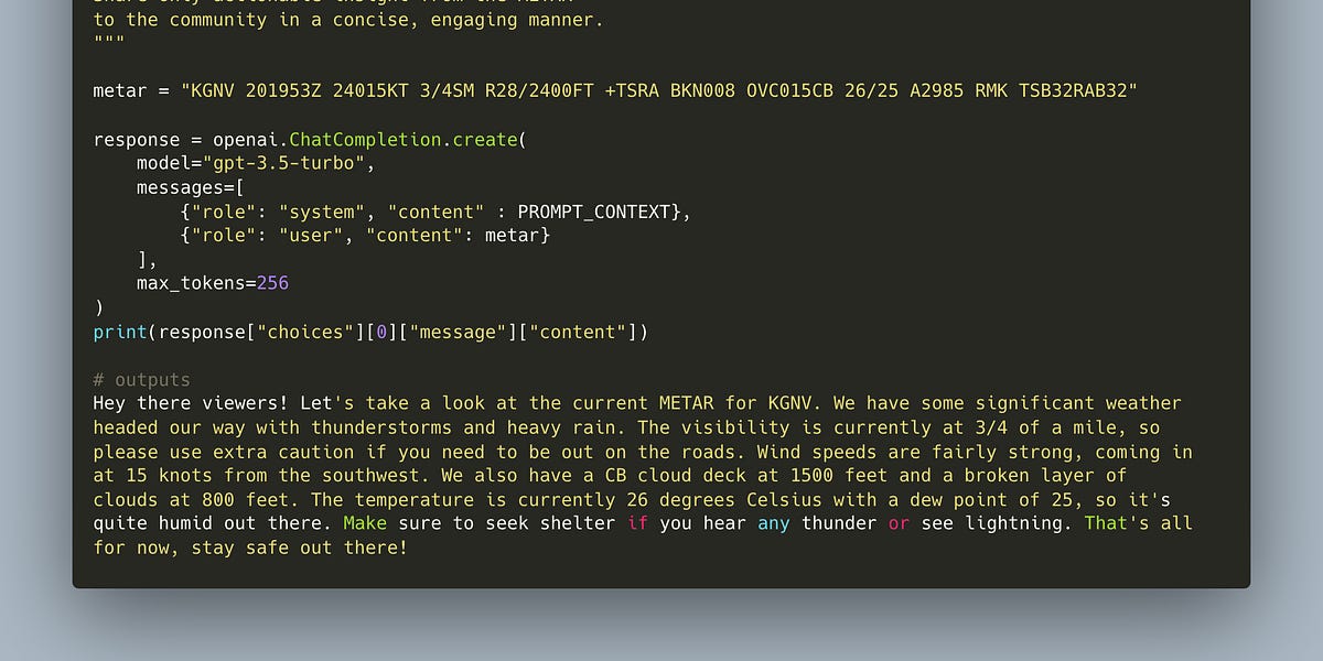 76. Transform cryptic METAR into readable English using OpenAI API as a script