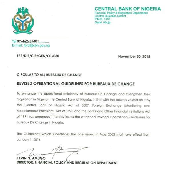 Alert: Central Bank of Nigeria Circular FPR/DIR/CIR/GEN/01/030