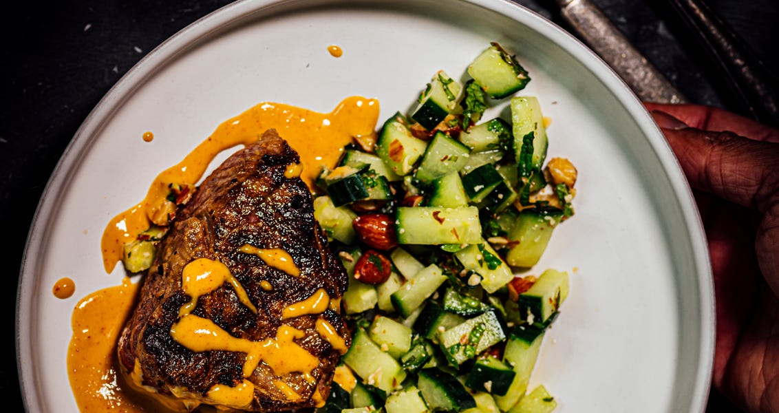 An Easy and Quick Meal of Lamb, Cucumber, and Tahini