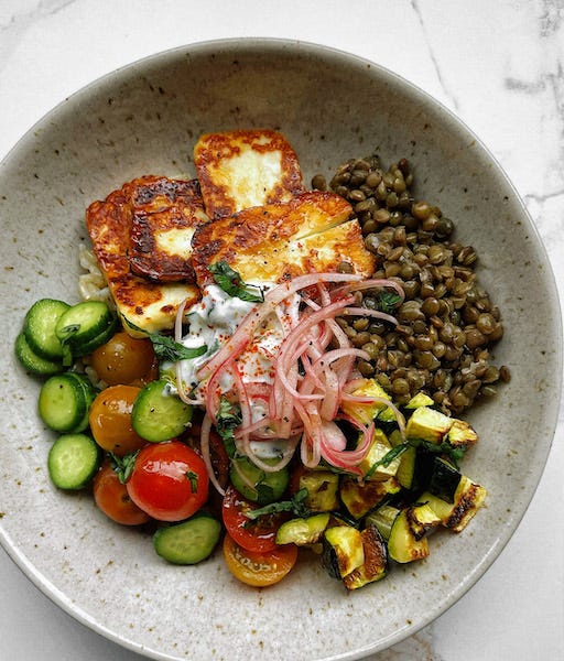 Summer Bowl with Hot Honey Halloumi - by Carina Wolff