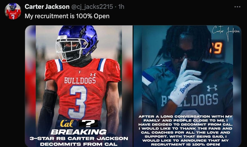 Carter Jackson decommits from Cal, leaving Jojo Solis as the lone RB commit