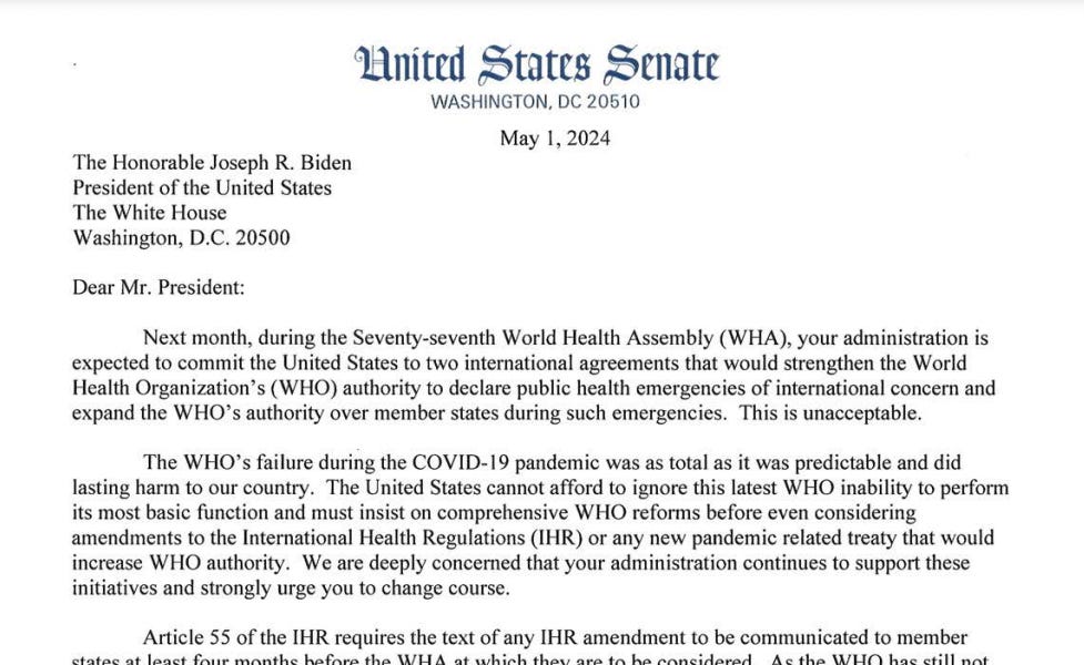 49 United States Senators sign letter to Biden to stop WHO power grab