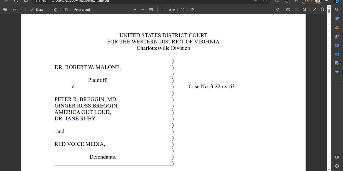 Dr. Jane Ruby (public document) files her legal response to Dr. Robert Malone's lawsuit ...