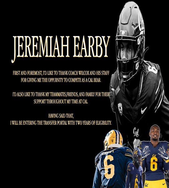 Cal DB Jeremiah Earby enters the Transfer Portal; WR Brian Hightower ...