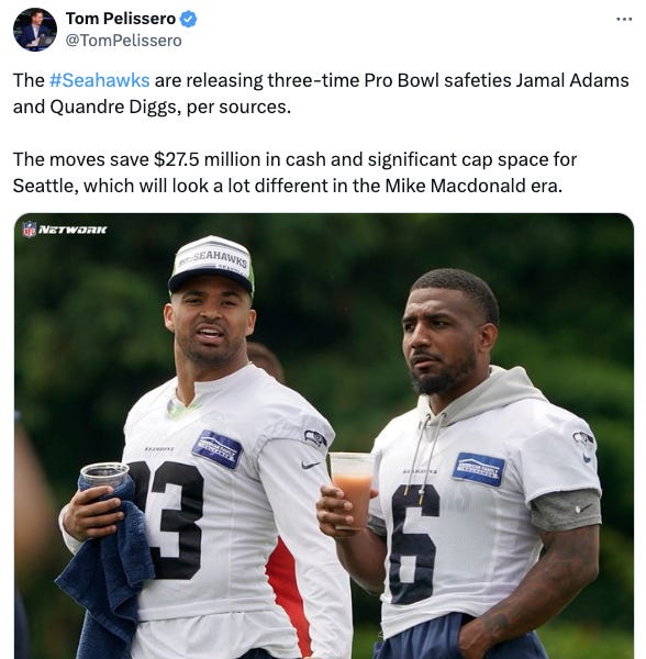 Seahawks release Quandre Diggs, Jamal Adams, Will Dissly