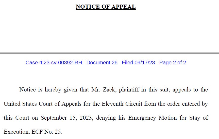 Zack Warrant: Appeal from federal court's denial of stay