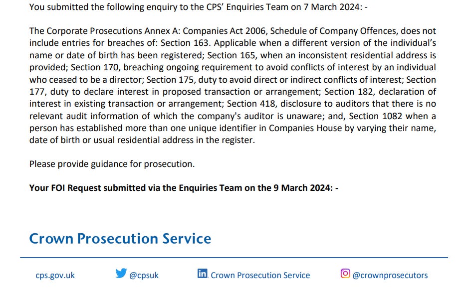 The Crown Prosecution Service (CPS) "holds no recorded information ...