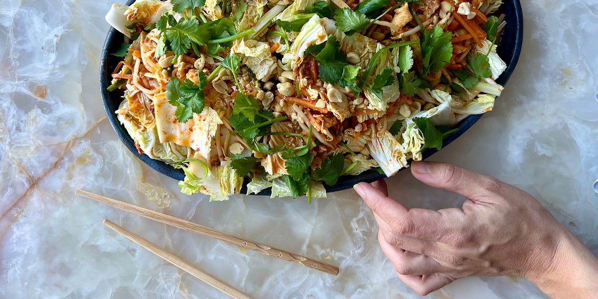 Spring roll salad (cabbage, carrot & egg ribbon salad with sesame sauce)
