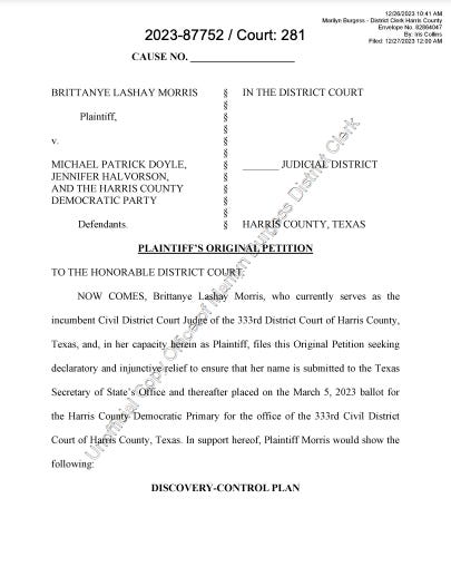 Judge Brittanye Morris Files Lawsuit Against Harris County Democratic Party