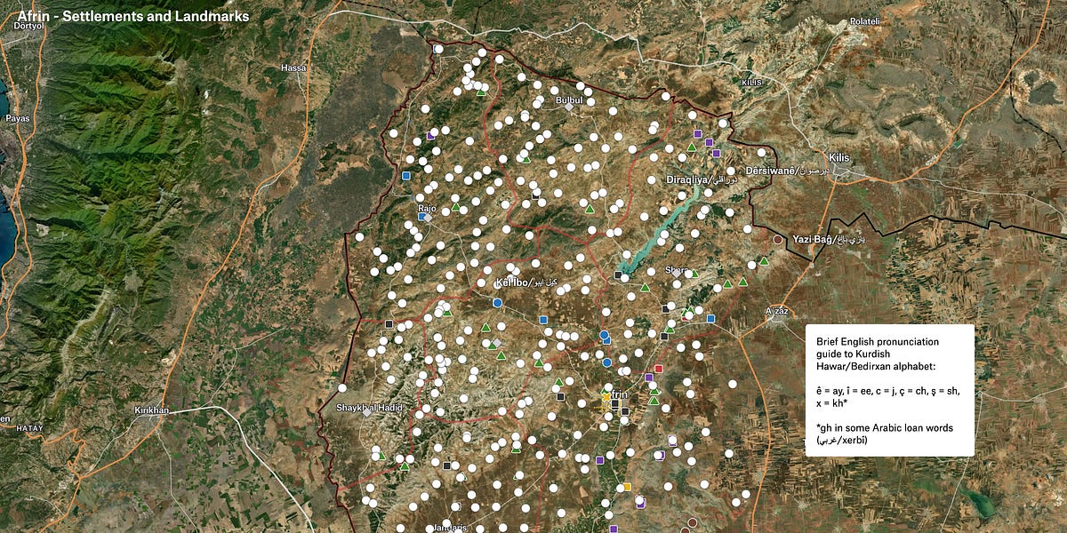 Interactive map of Afrin's settlements and landmarks