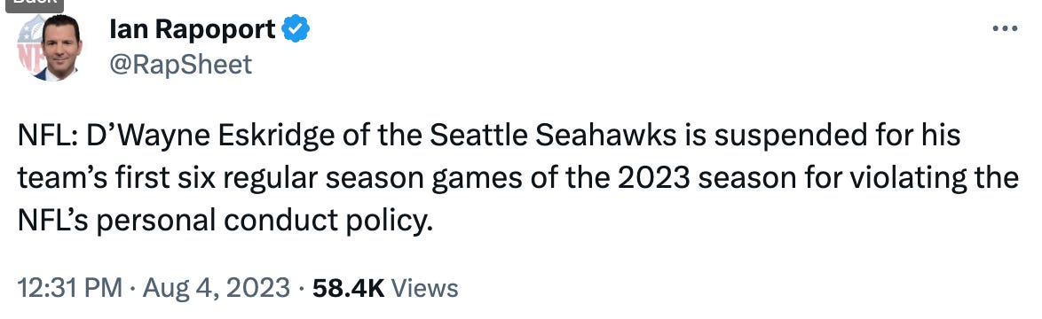 Dee Eskridge suspended 6 games! - Seaside Joe