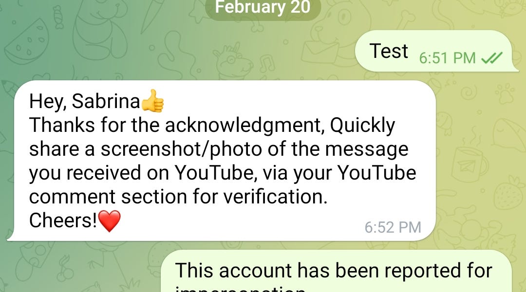 WARNING: FAKE ACCOUNT IMPERSONATING ME ON TELEGRAM!