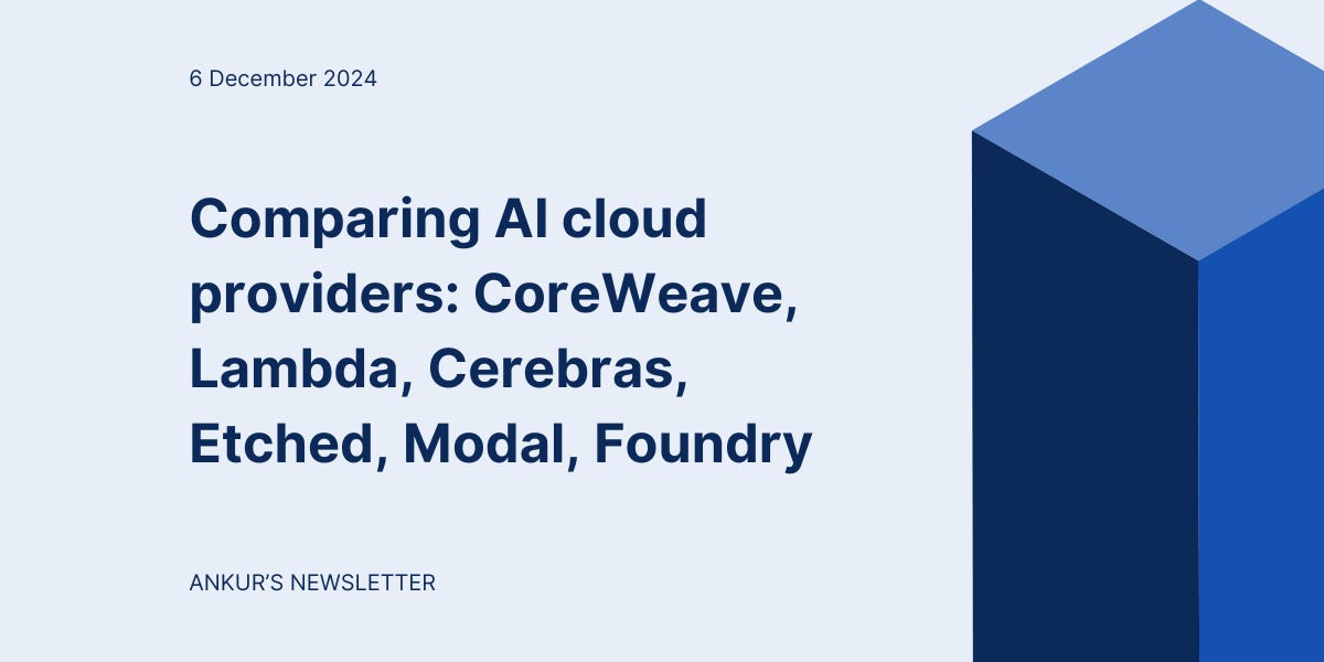 Comparing AI cloud providers: CoreWeave, Lambda, Cerebras, Etched, Modal, Foundry