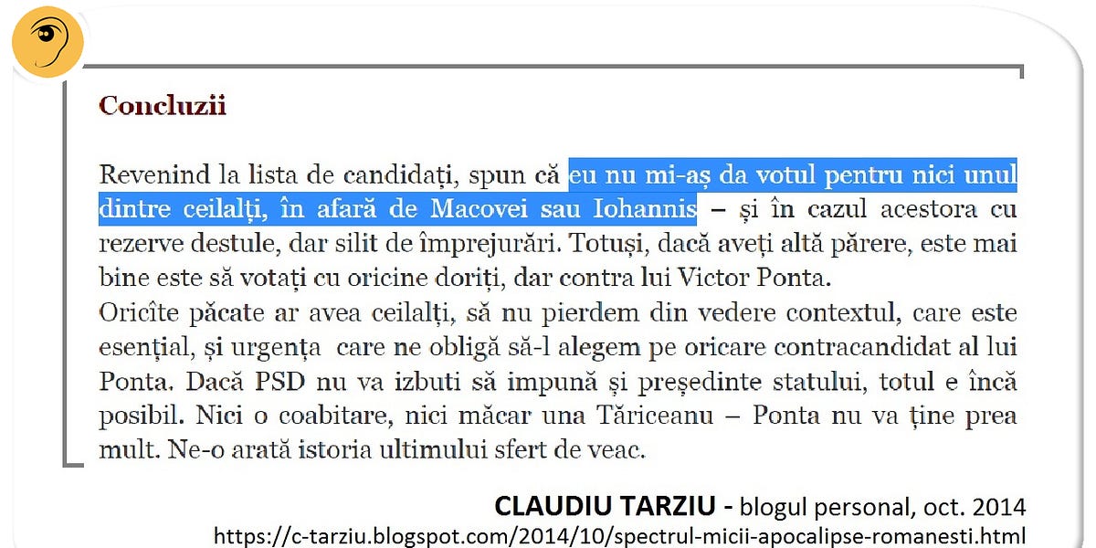 Claudiu Tarziu: "Eu nu mi-aș da votul decat pentru Macovei sau Iohannis"