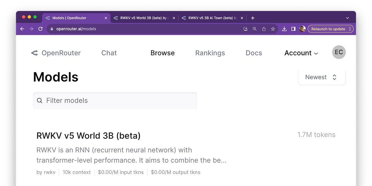 Public RWKV 3B Models via OpenRouter - by Eugene Cheah