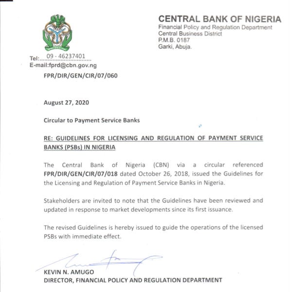 Alert: Central Bank of Nigeria Circular FPR/DIR/GEN/CIR/07/060