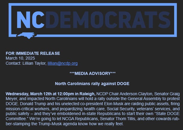 NC Democratic Party to hold "anti-DOGE" protest in Raleigh
