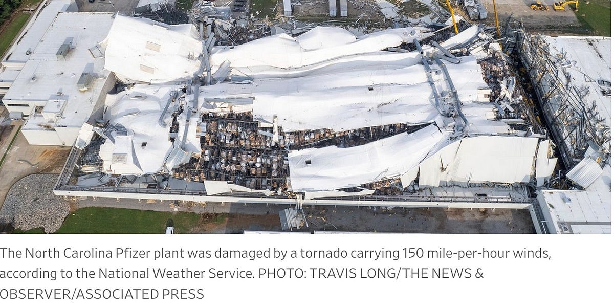 Huge Pfizer plant in North Carolina damaged by tornado