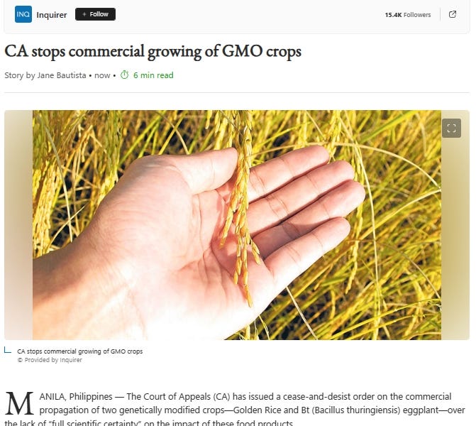 Philippines Court of Appeals has Issued CDO on 2 GMO Crops Due to Lack of Full Scientific ...