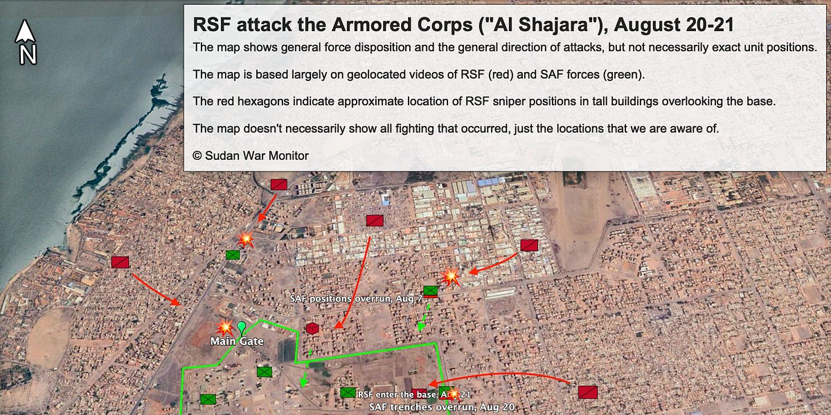 Map: RSF's attack on the Armored Corps headquarters, August 20-21