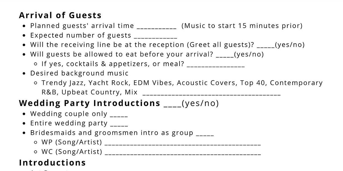 Printable Wedding Reception Music Guide