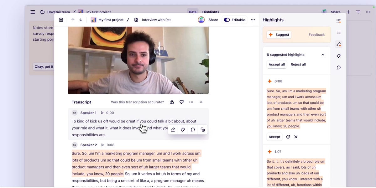 Dovetail’s AI features for User Research - by Xinran Ma