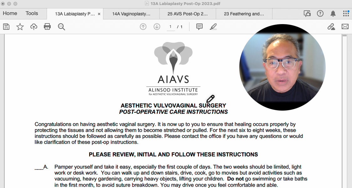 The Post Op Labiaplasty Instructions - by Red Alinsod, MD