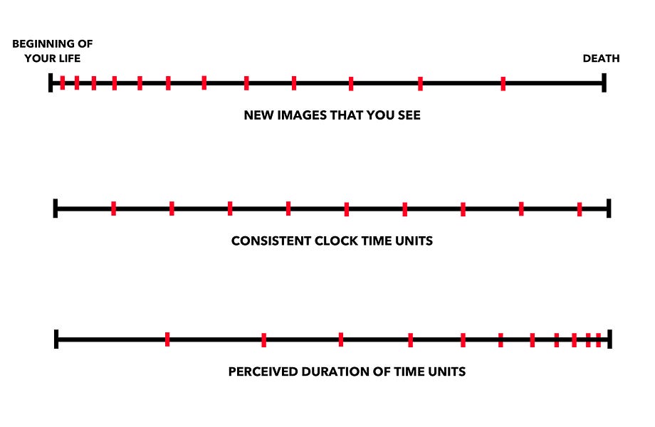 How much faster do we age when we get older?