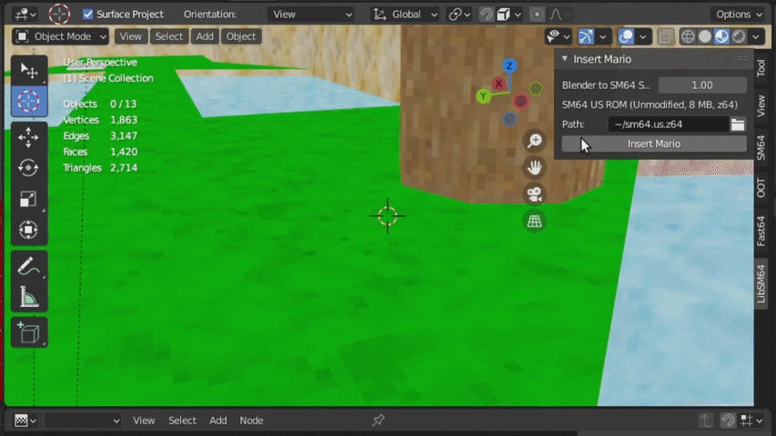 Blender + LibSM64 = Play Mario64... inside your own 3D world