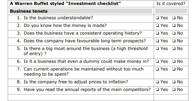 🏰 Warren Buffett’s investment checklist 🏰 Warren Buffett’s investment checklist