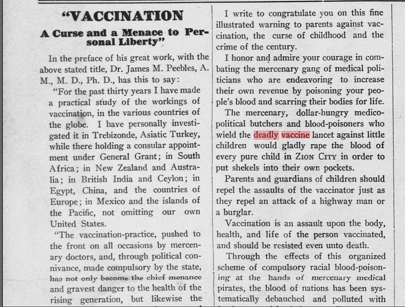 "VACCINATION A Curse and a Menace to Personal Liberty" - The Theocrat ...