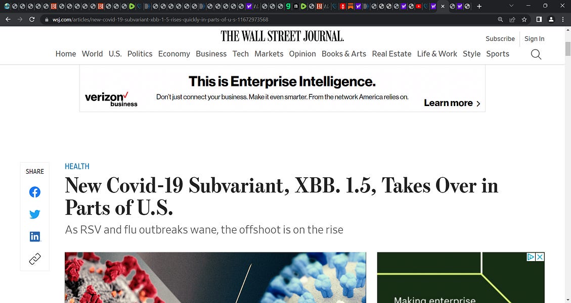 STOP the fear porn; WSJ "New Covid-19 Subvariant, XBB. 1.5, Takes Over in Parts of U.S."; of ...
