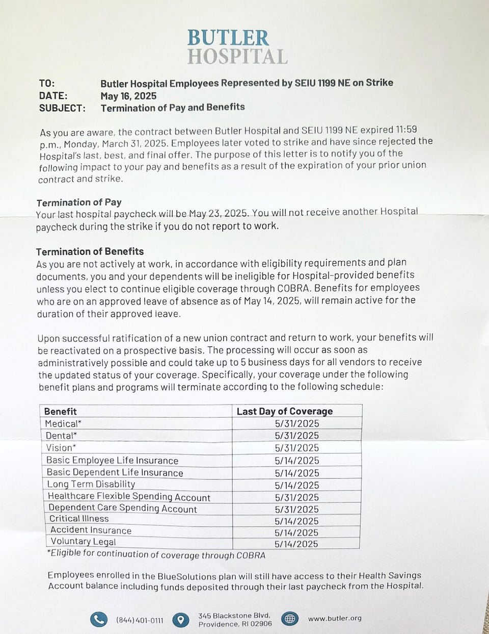 Butler Hospital announces the termination of striking workers' health ...