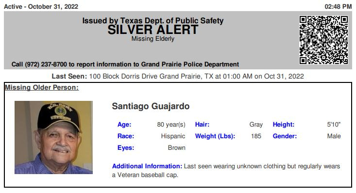SILVER ALERT for Missing Elderly Man in Grand Prairie - 80 Year Old Jimmy Guajardo