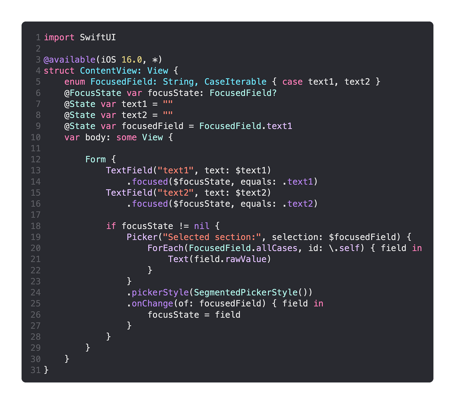 Use a Segmented Picker To Switch @FocusState Between Text Fields