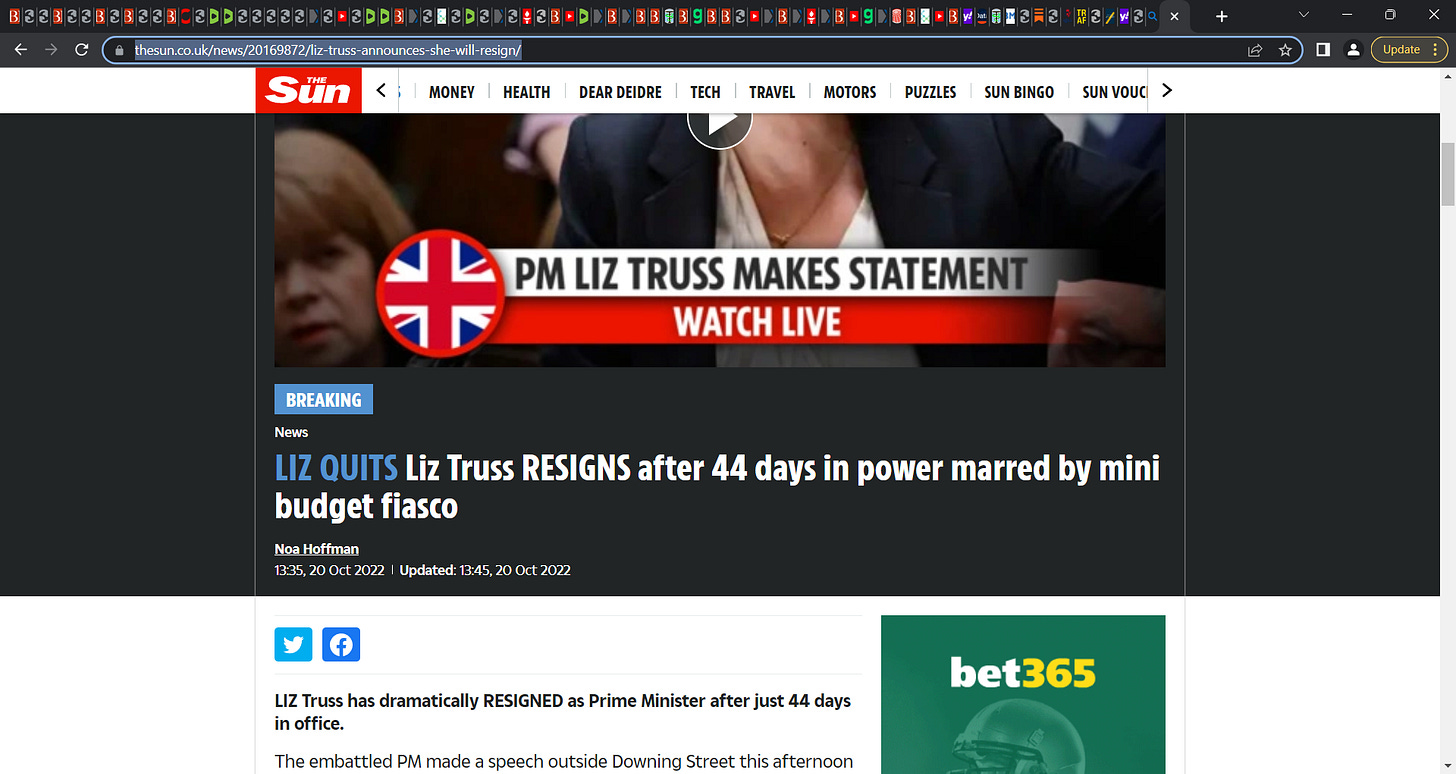 UK's LIZ Truss (Prime Minister) who replaced Boris has dramatically RESIGNED as PM after just 44 ...