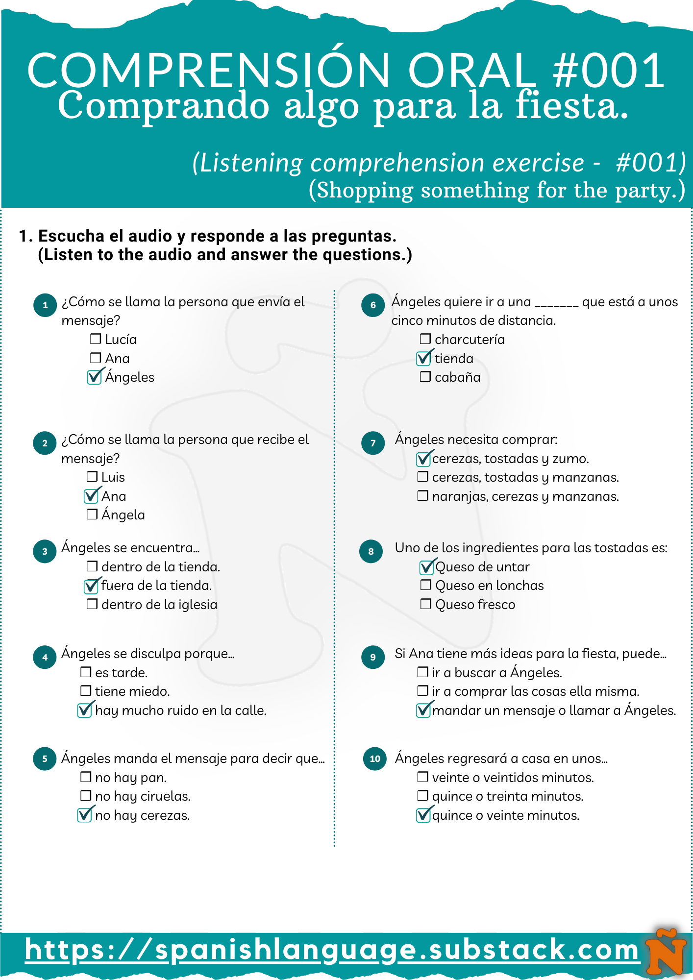 Ejercicio de comprensión oral. (#001) Comprando algo para la fiesta.